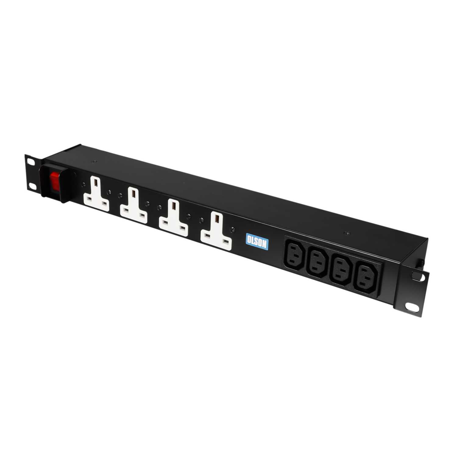 Olson 8 Way 1U 19'' Horizontal 4 x UK 13A and 4 x C13 10A Rack Mounted PDU + 16A Plug (13A1U/4-4 ...