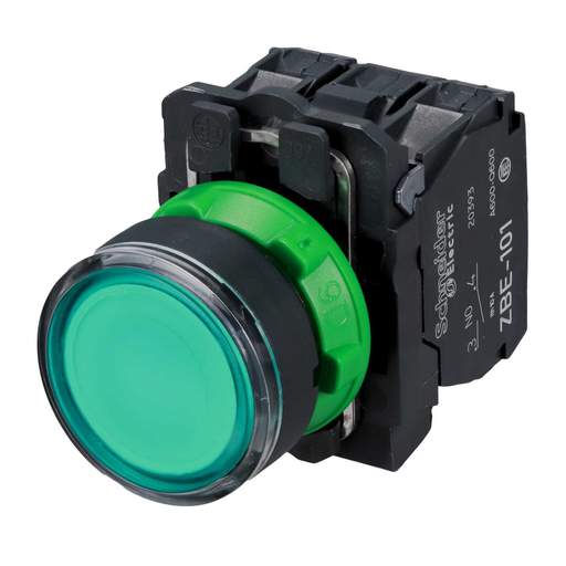 Schneider Harmony 24V Illuminated Pushbutton Spring Return Green 1 NC 1 ...