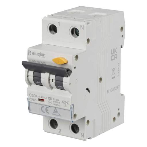 Scolmore Click Elucian 50A Double Pole 2 Module C Curve True 6kA 30mA Type A RCBO (CU2RCBO50C) | CEF