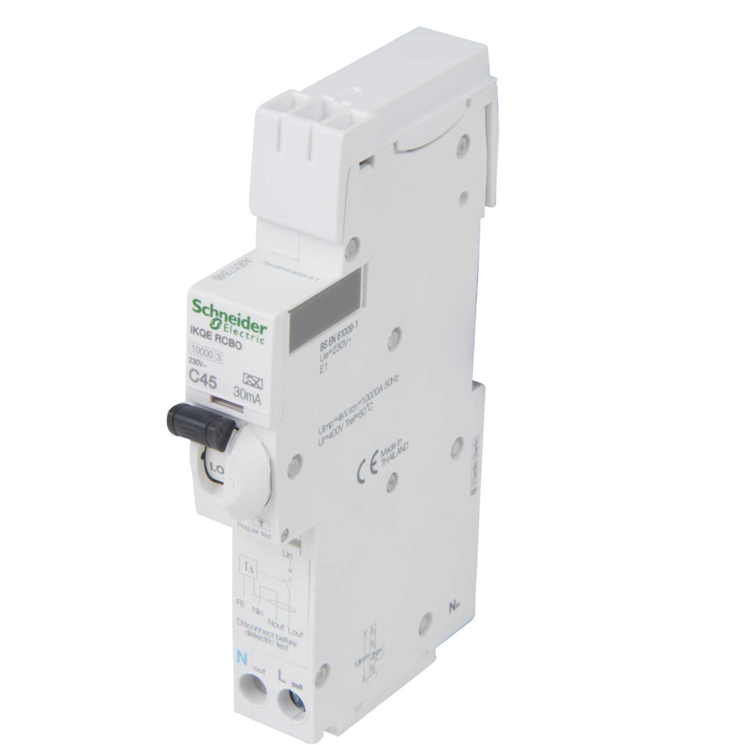 Schneider Square D IKQ 45A Single Pole and Neutral 1 Module C Curve 10kA 30mA Type A RCBO ...