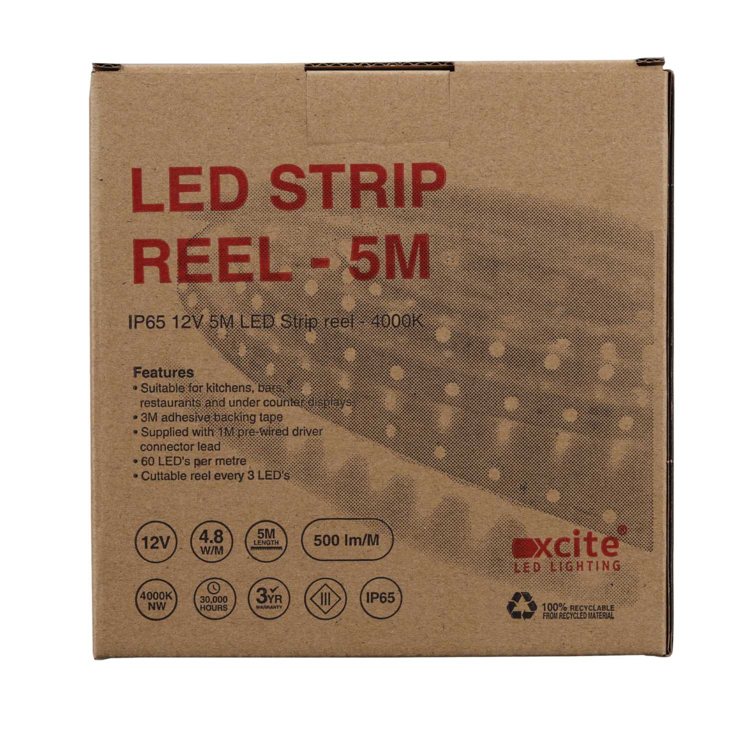 Xcite 12V LED Strip Light Reel IP65 Colour 4000K (5m Reel) (XCSR5M65NW ...