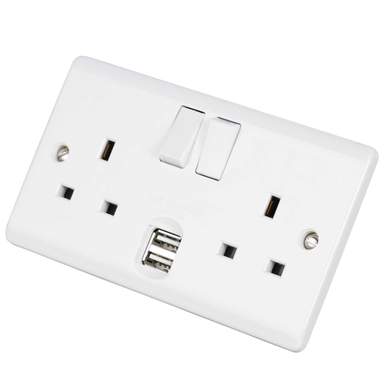 Volex 13A 2 Gang Switched Socket with Twin 2.1A USB Outlets White ...