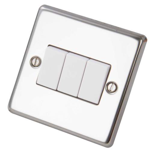 Volex 10A 3 Gang 2 Way Light Switch White Insert Polished Stainless ...