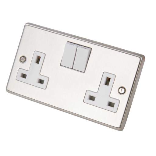 Volex 13A 2 Gang Switched Socket White Insert Brushed Stainless Steel ...