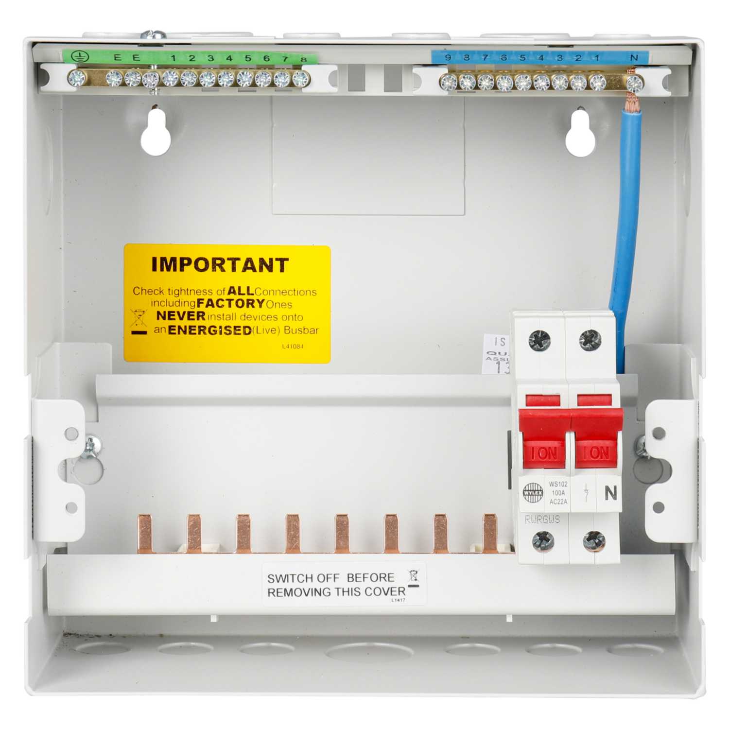 Wylex 8 Way 100A SP+N Type A Distribution Board with Incomer (NHSPN0081L) | CEF